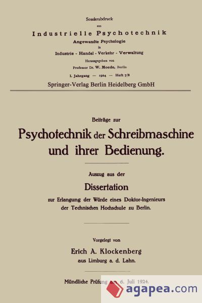 BEITRAGE ZUR PSYCHOTECHNIK DER SCHREIBMASCHINE UND IHRER BEDIENUNG ...